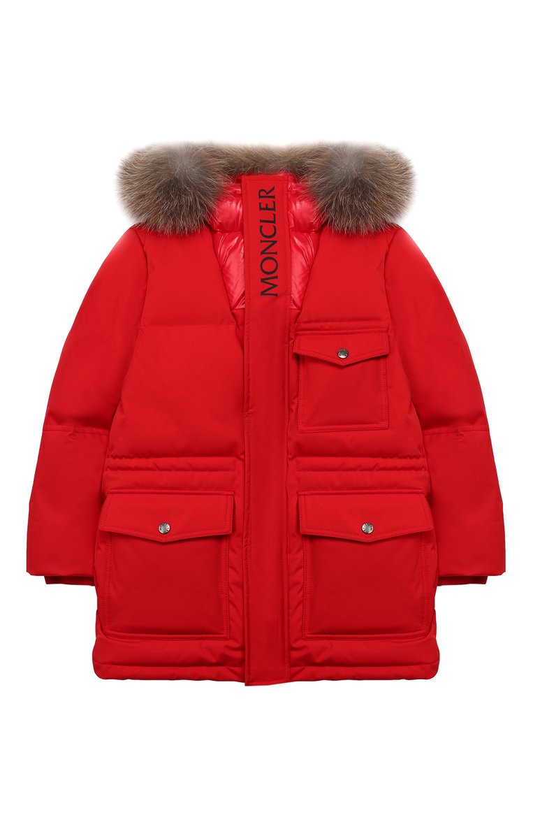 Пуховик с меховой отделкой на капюшоне MONCLER ENFANT красного цвета ...