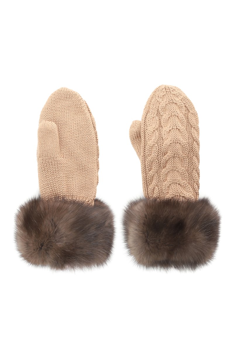 Утепленные варежки с отделкой из соболя BLACK SABLE бежевого цвета для ...